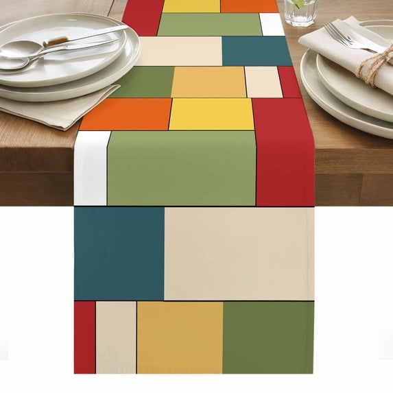 Abstract Geometric Cotton Linen Table Runner Colorful Color Block Plaid ...