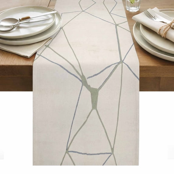 Abstract Geometric Cotton Linen Table Runner Grey Green Splatter Lines ...