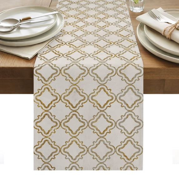 Abstract Geometric Cotton Linen Table Runner Modern Gold and Beige ...