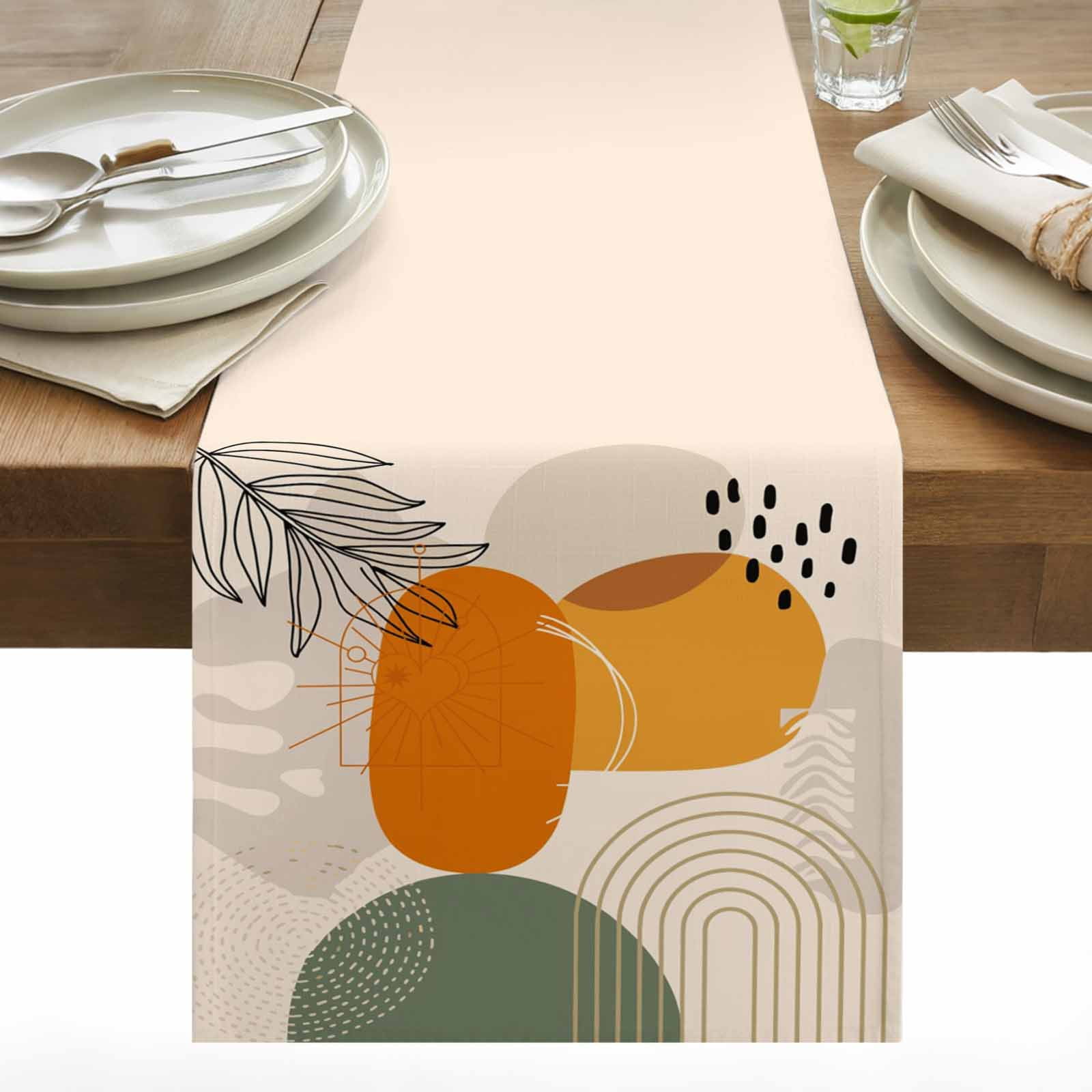 Abstract Geometric Cotton Linen Table Runner Orange Green Yellow Circle ...