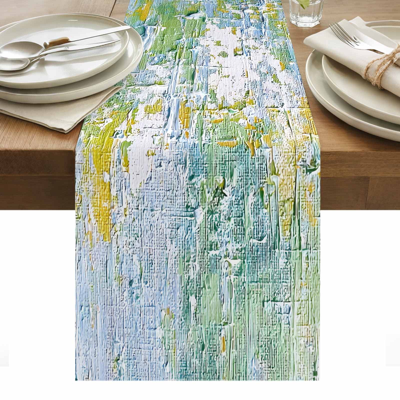 Abstract Geometric Cotton Linen Table Runner Yellow Blue Green Oil ...