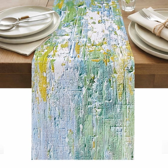 Abstract Geometric Cotton Linen Table Runner Yellow Blue Green Oil ...