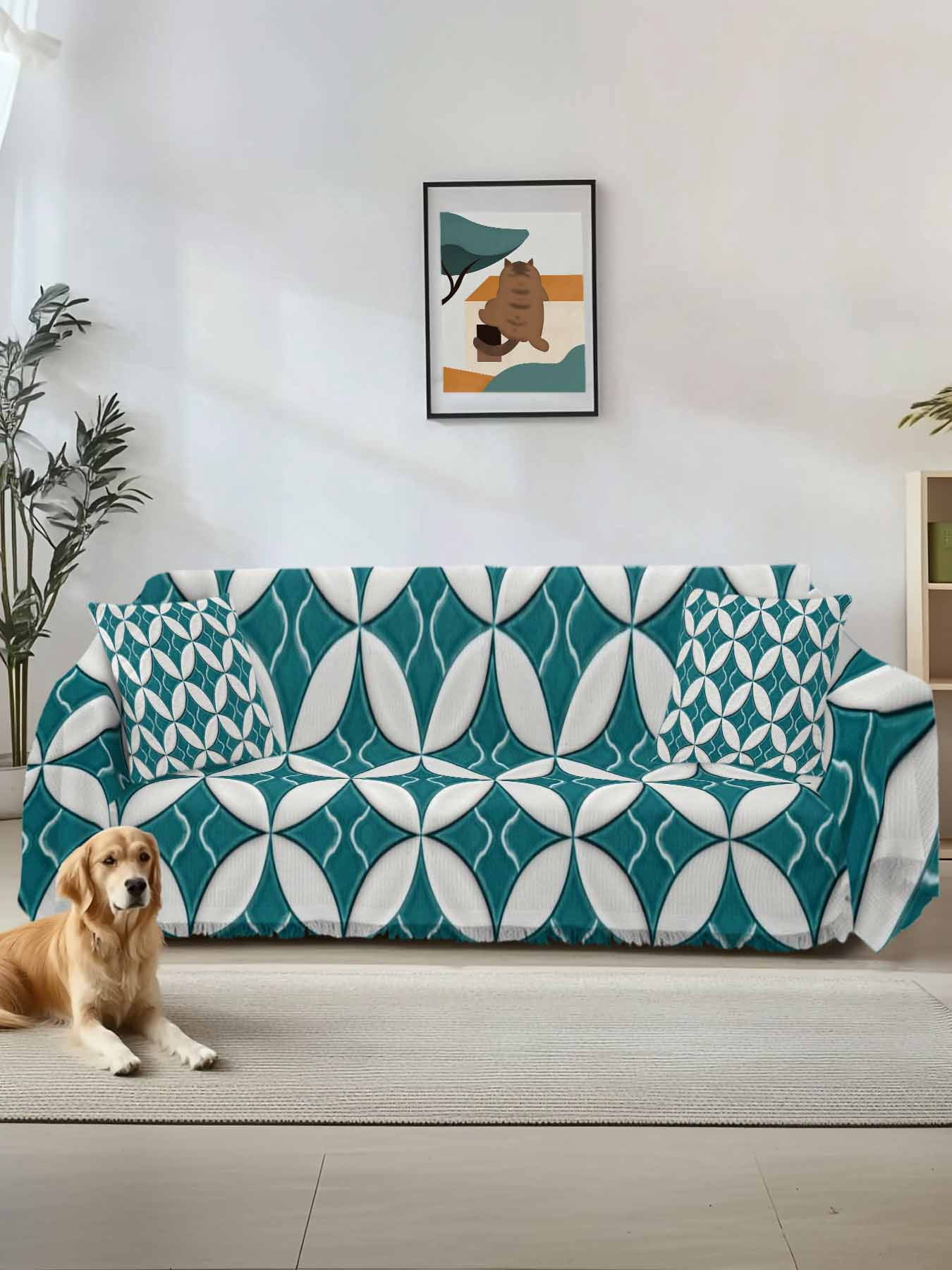 Abstract Geometric Couch Cover, Vintage Rhombus Circle Texture Green ...