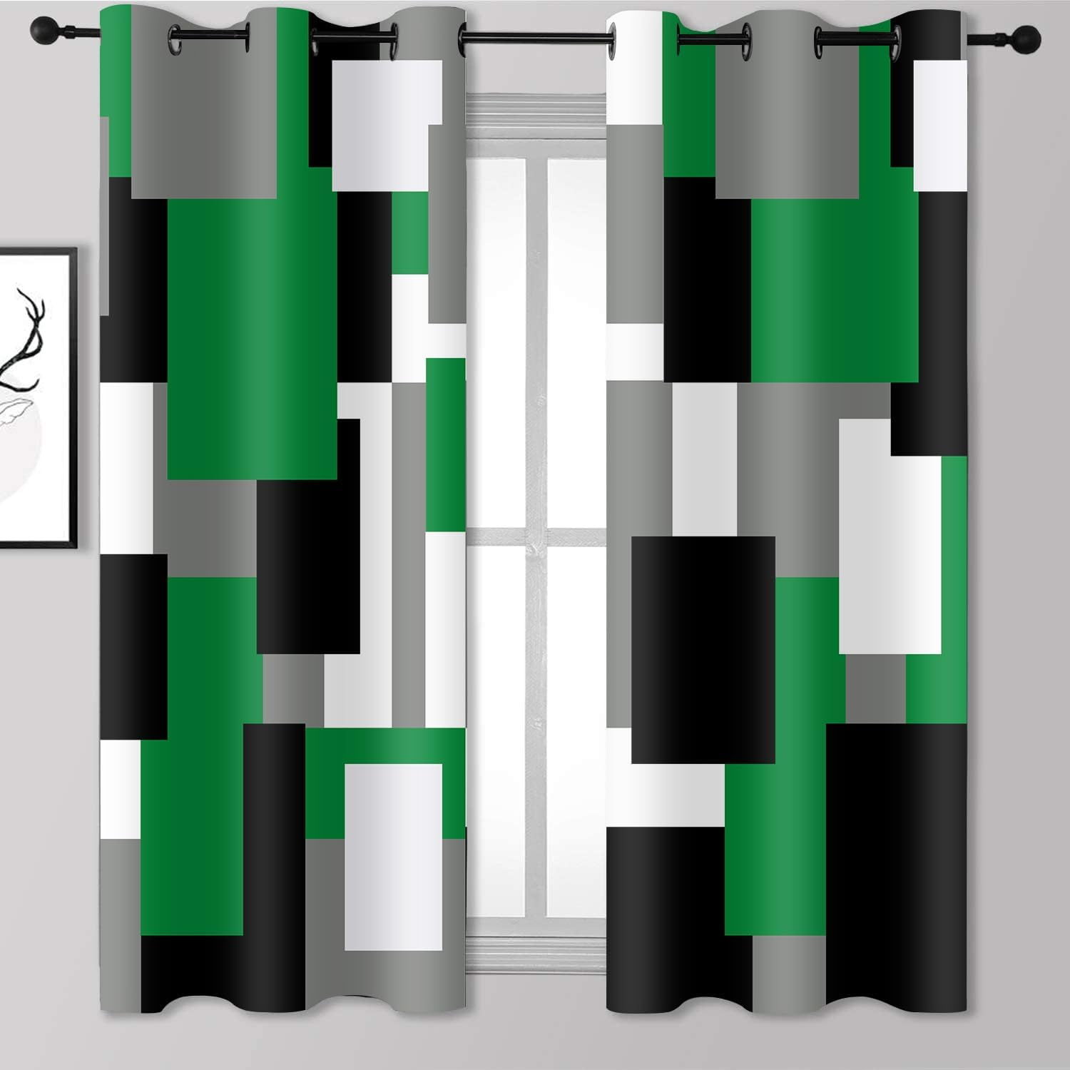 Abstract Geometric Curtains for Bedroom Modern Green Black Blackout ...