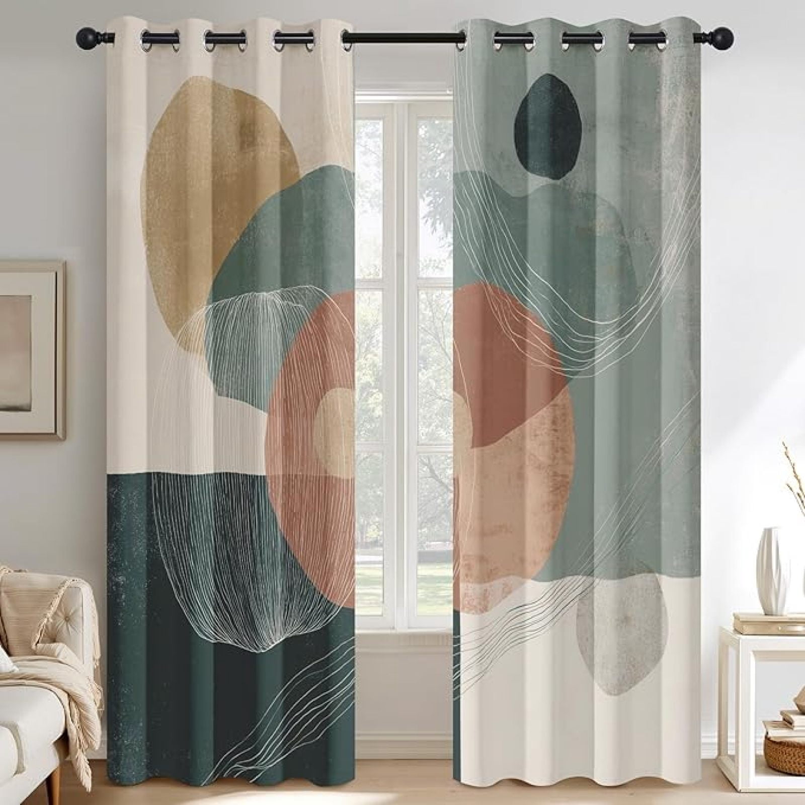 Abstract Geometric Curtains For Bedroom, Orange Green Blackout Curtains ...