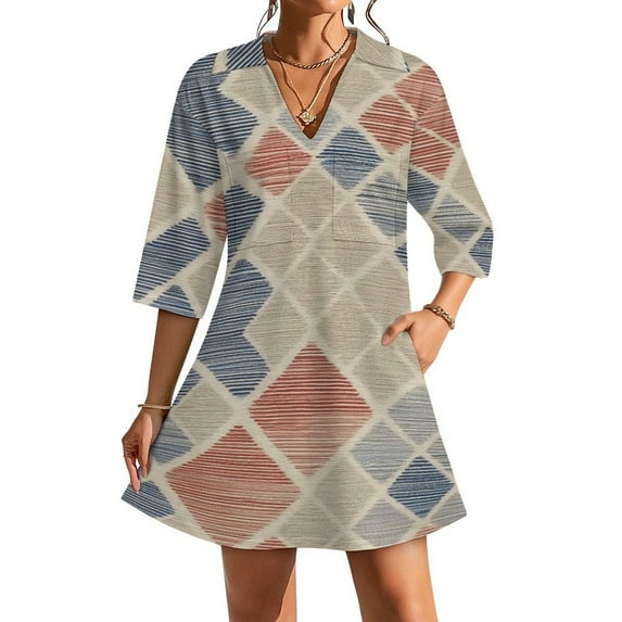 Abstract Geometric Design Womens Dress With Pockets Summer V Neck 3/4 ...