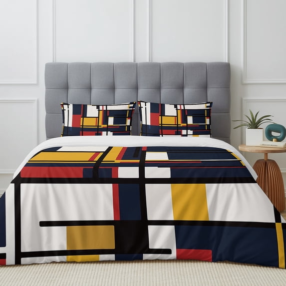 Abstract Geometric Duvet Cover Set Queen Size, Blue Orange Red Blocks 4 ...