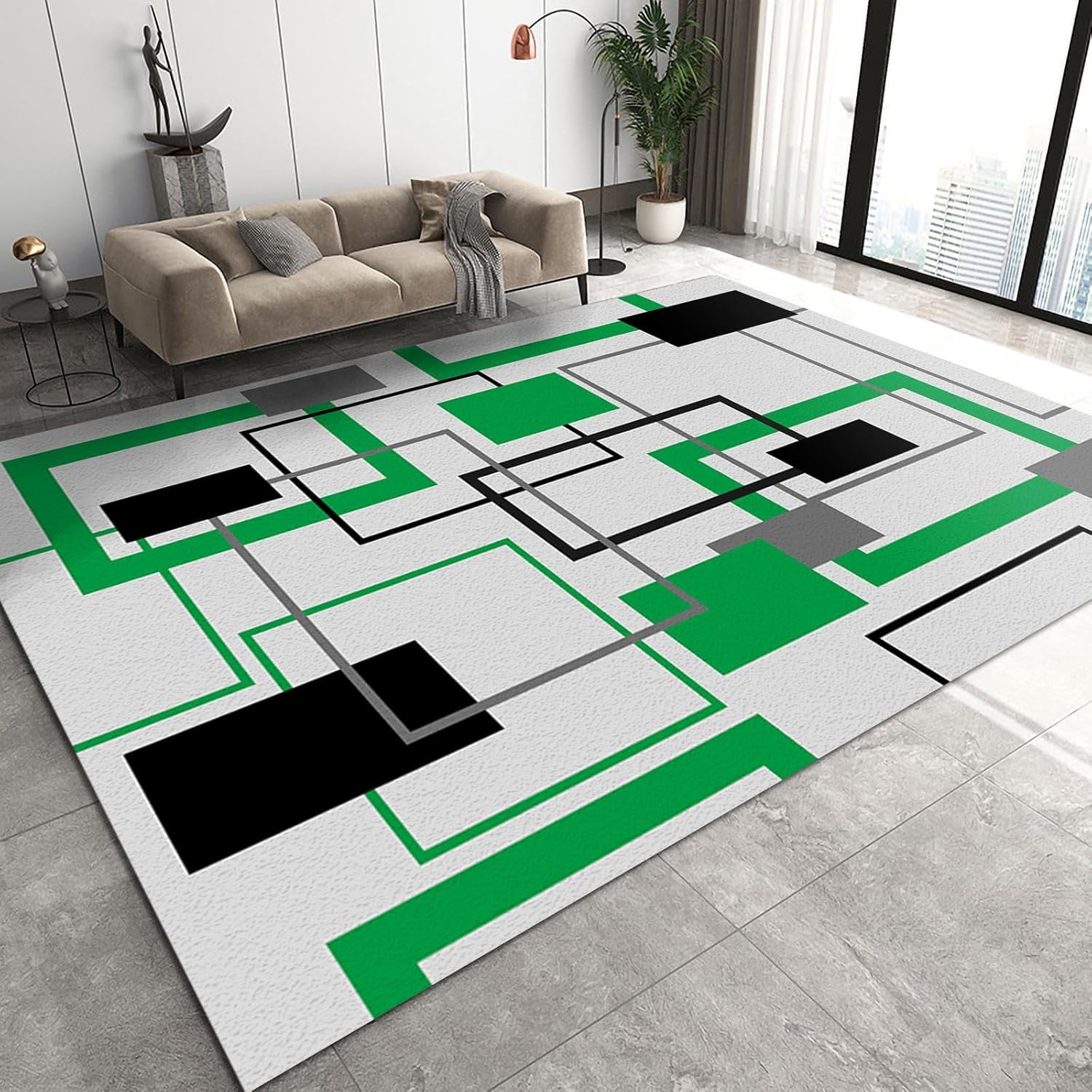 Abstract Geometric Figures Area Rug, Modern Green Black Splicing Lines ...