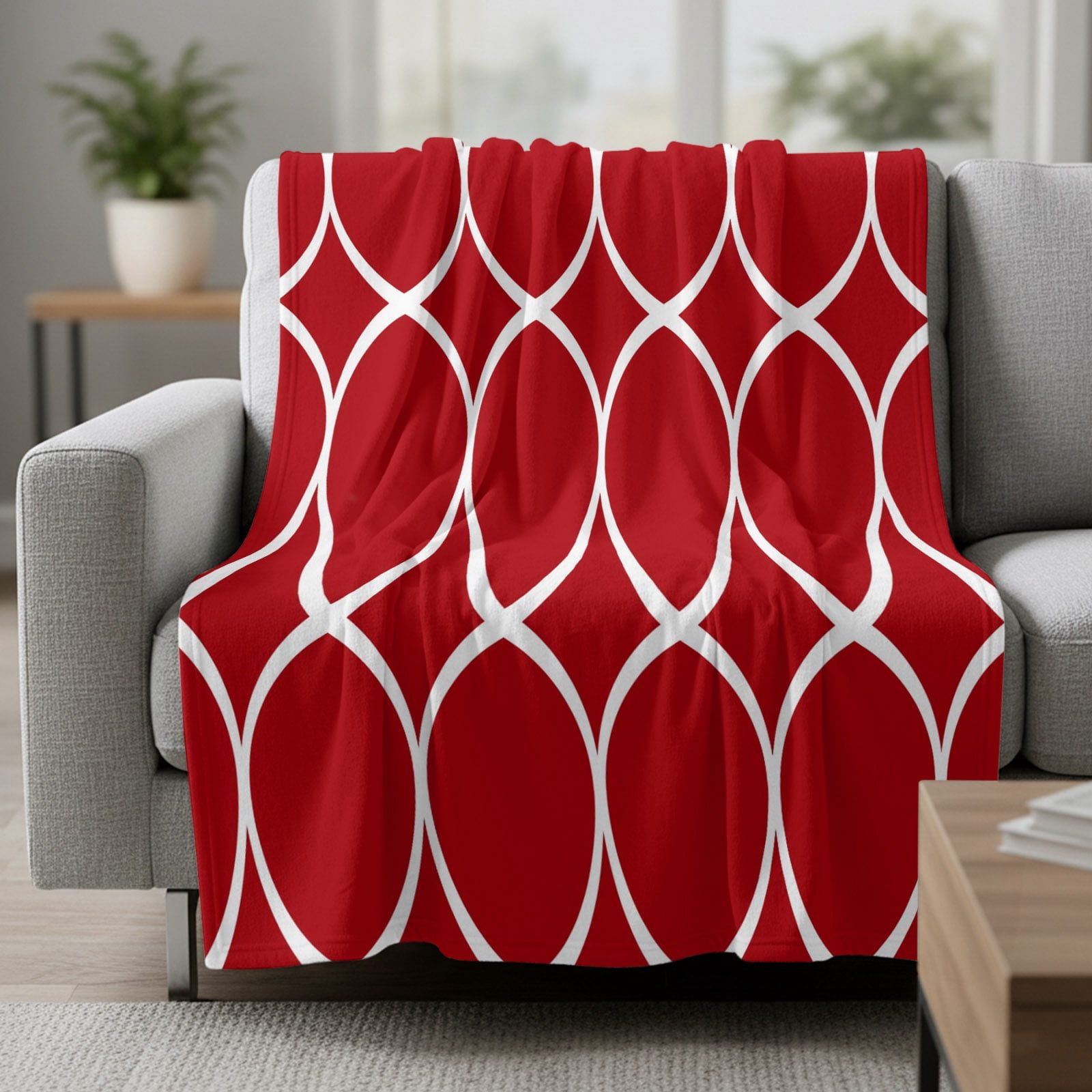 Abstract Geometric Fleece Throw Blanket White Twisted Lines Red ...