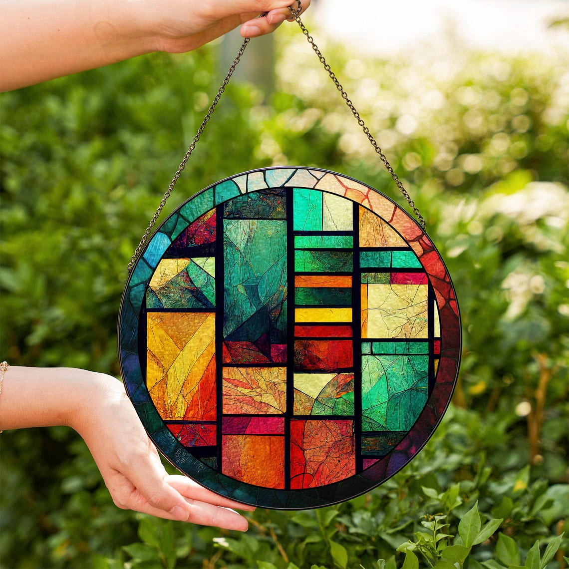 Abstract Geometric Glass Suncatcher, Modern Window Art Decor, Colorful ...