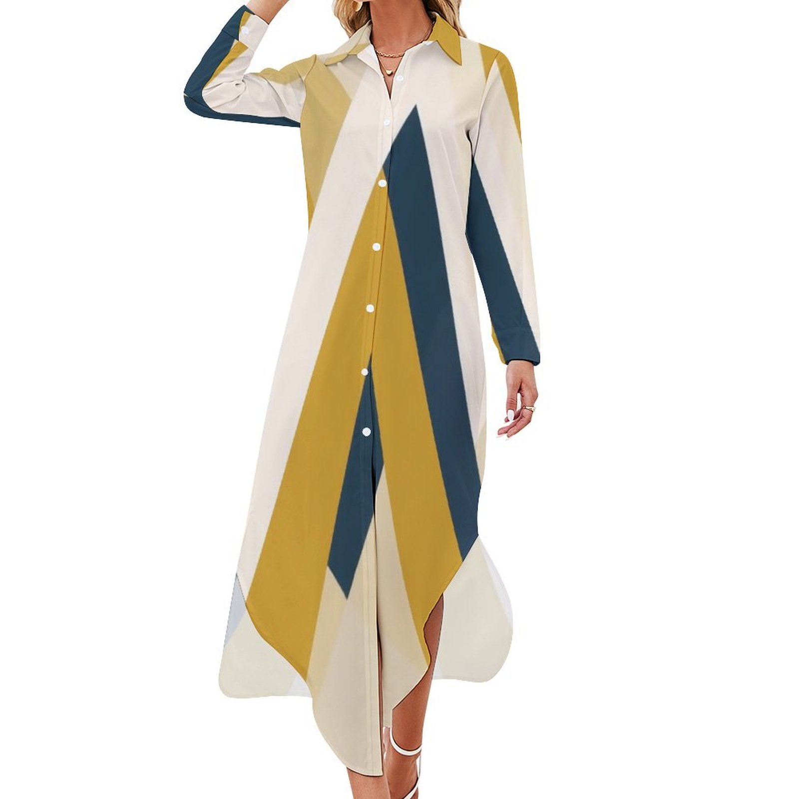 Abstract Geometric Gold Navy Art Shirt Dress Long Sleeve Street Fashion ...