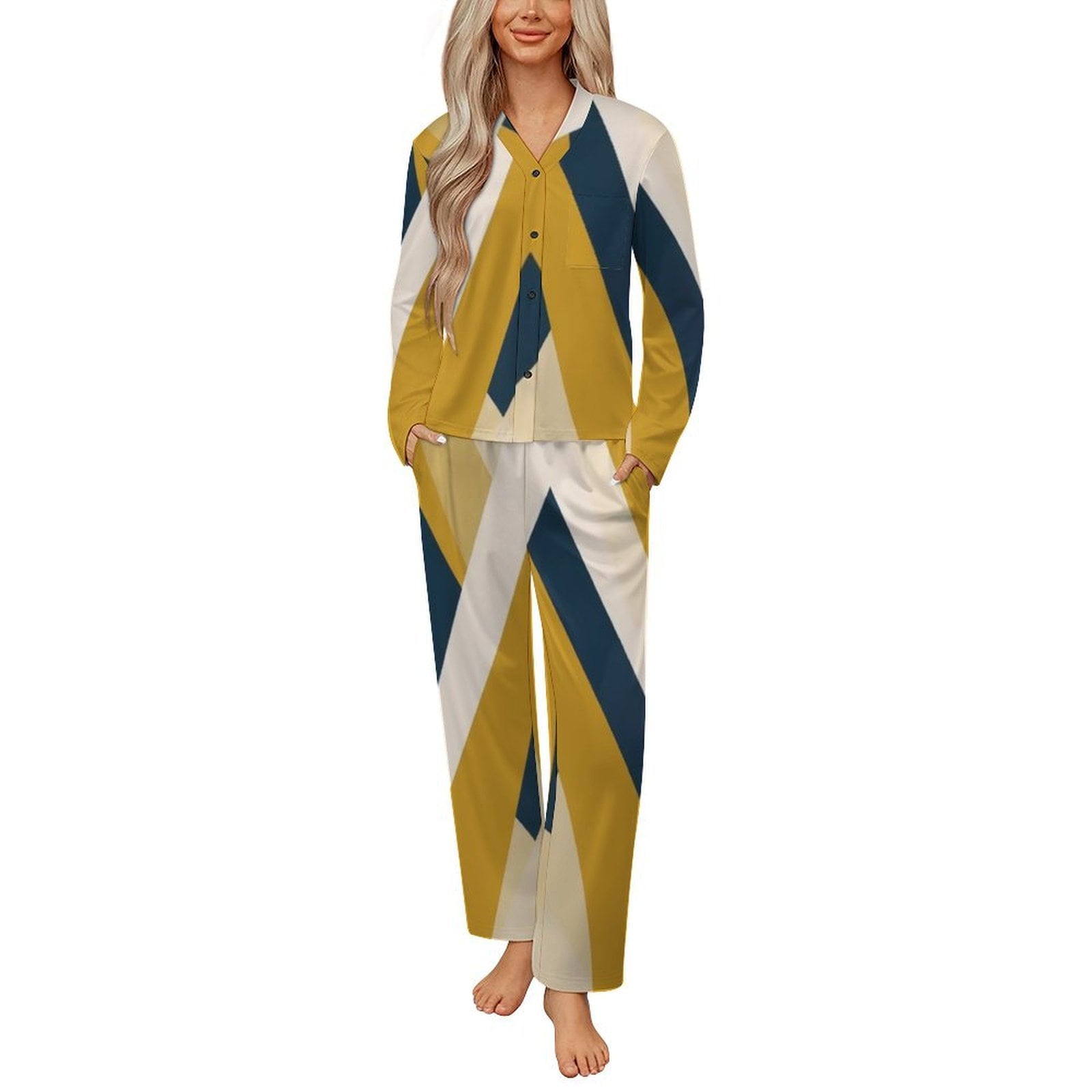 Abstract Geometric Gold Navy Art Womens Pyjamas Set Button Up Pyjamas ...