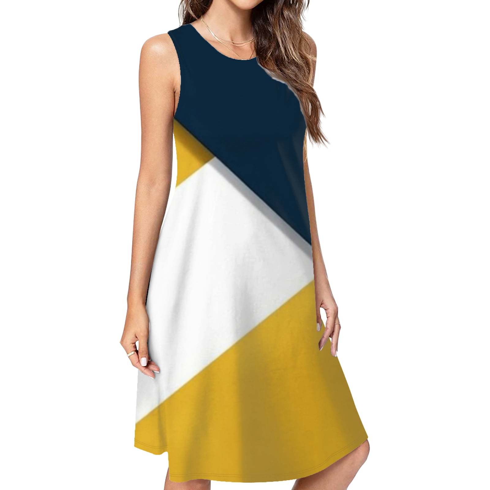 Abstract Geometric Gold Navy White Casual Sleeveless Loose Sundress ...