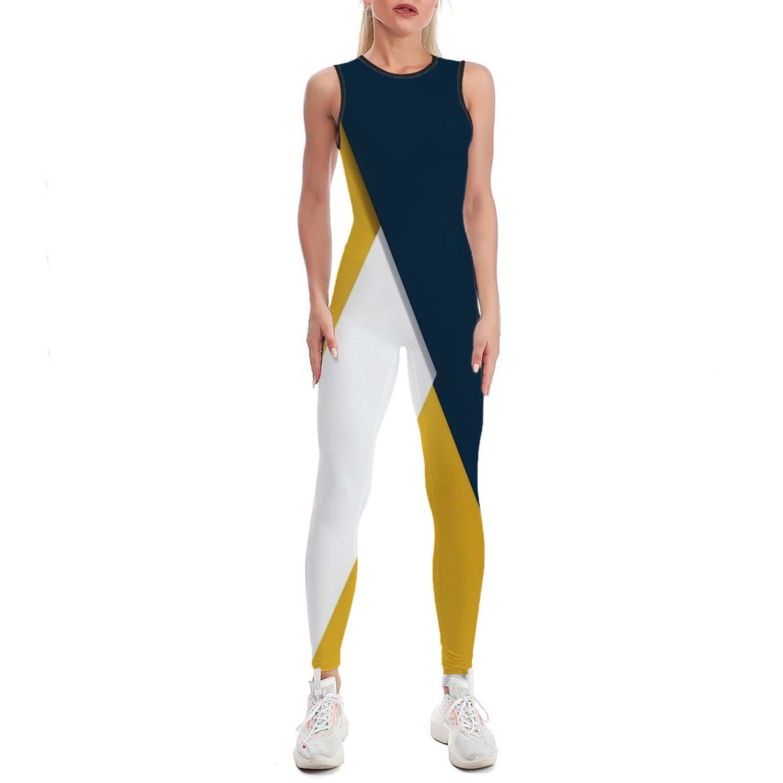Abstract Geometric Gold Navy White Women's One Piece Yoga Jumpsuits ...