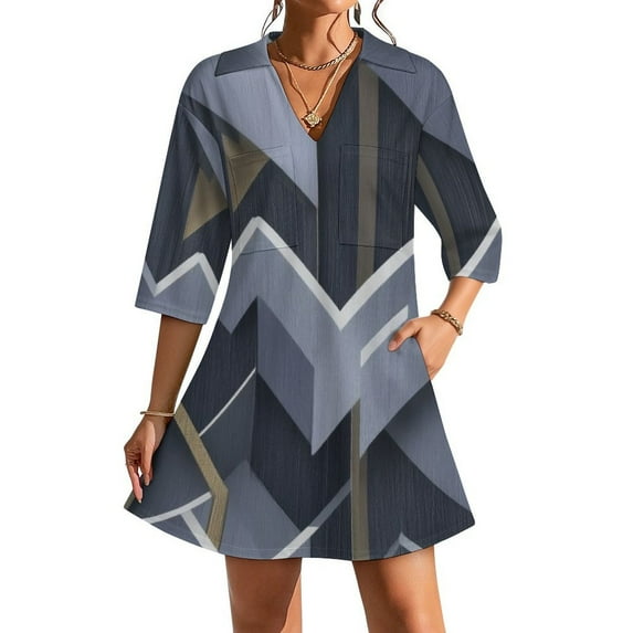 Abstract Geometric Grey Design Womens Dress With Pockets Summer V Neck ...