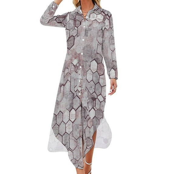 Abstract Geometric Hexagon Pattern Shirt Dress Long Sleeve Street ...