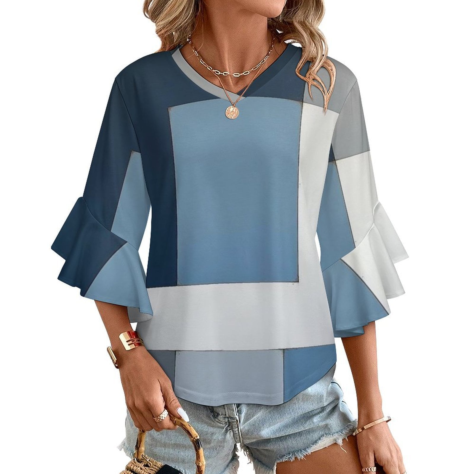 Abstract Geometric In Blue Black Grey Women's V-Neck Blouse With 3/4 ...