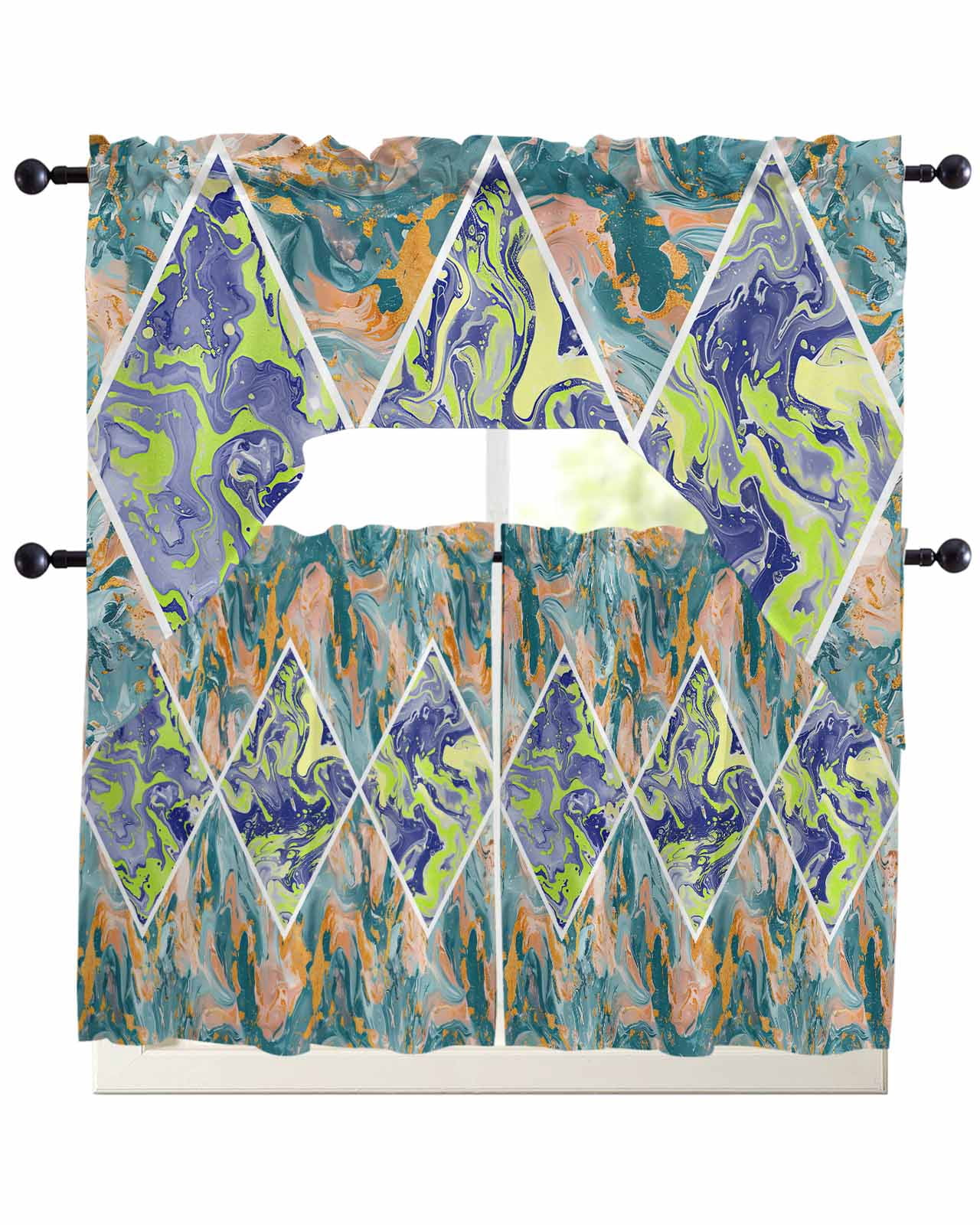Abstract Geometric Kitchen Curtains Set for Windows 3 Piece Cafe ...