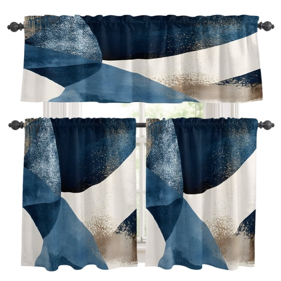 Abstract Geometric Kitchen Curtains Set for Windows, Blue Gold Beige ...