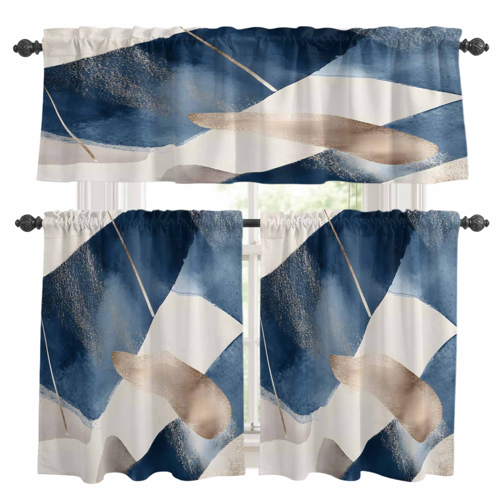 Abstract Geometric Kitchen Curtains Set for Windows, Blue Gold Dynamic ...