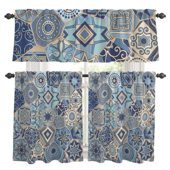 Abstract Geometric Kitchen Curtains Set for Windows, Blue Yellow Flower ...
