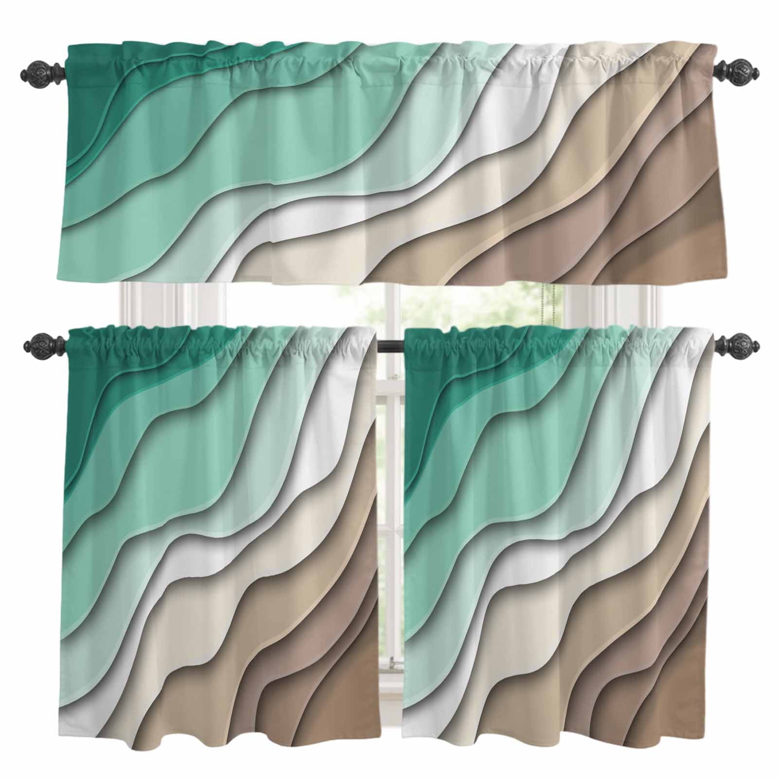 Abstract Geometric Kitchen Curtains Set for Windows, Green Brown ...