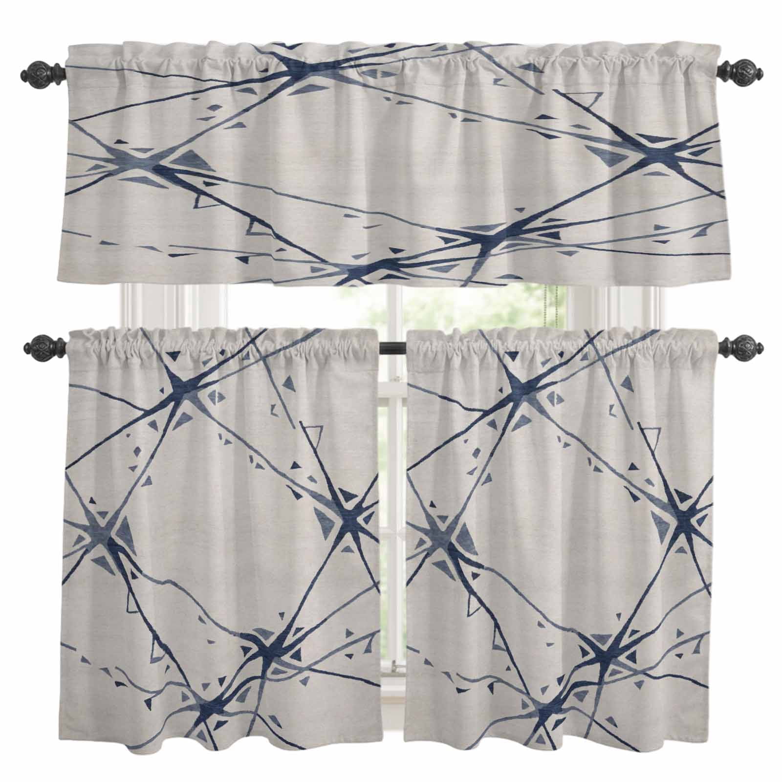 Abstract Geometric Kitchen Curtains Set for Windows, Navy Blue Splatter ...