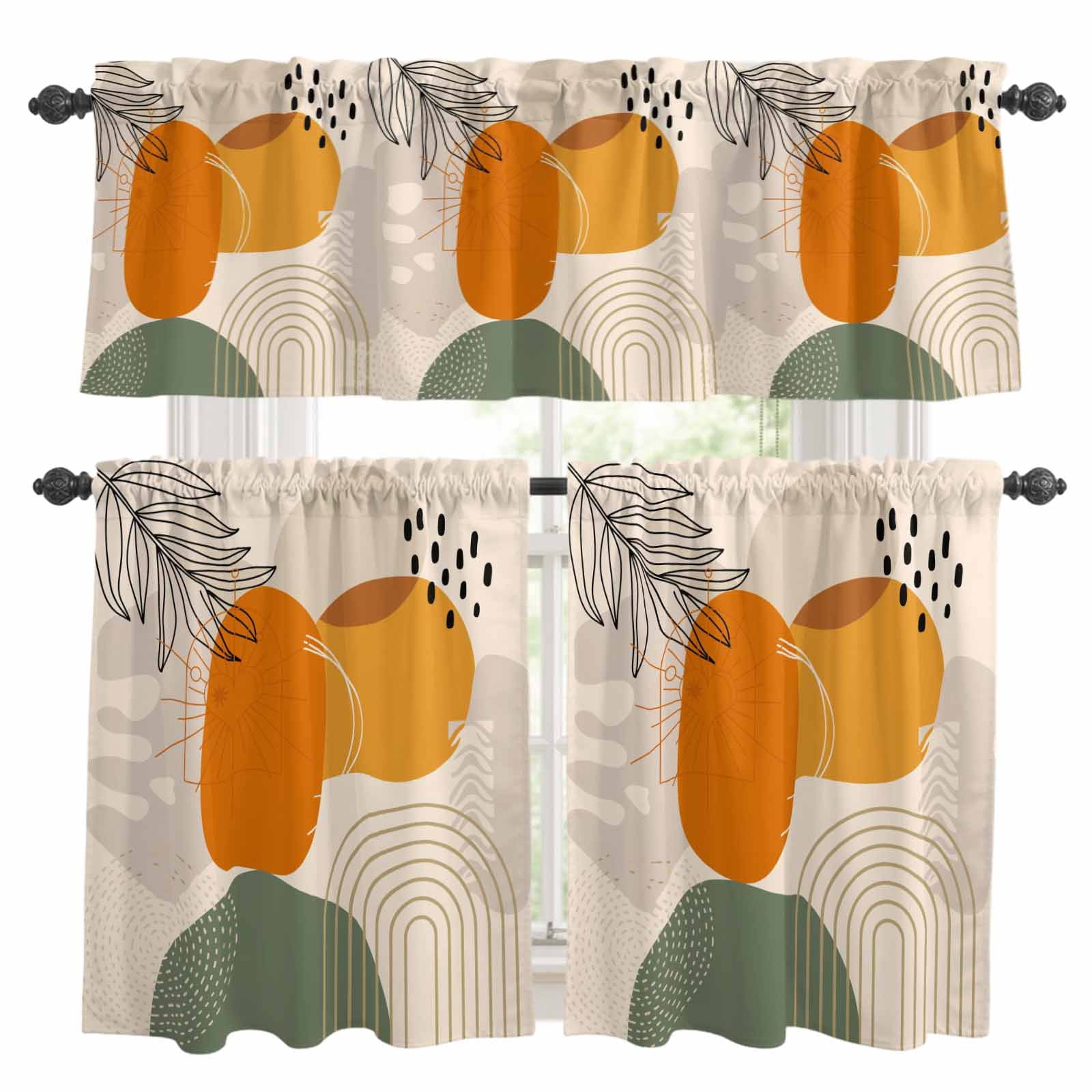 Abstract Geometric Kitchen Curtains Set for Windows, Orange Green ...