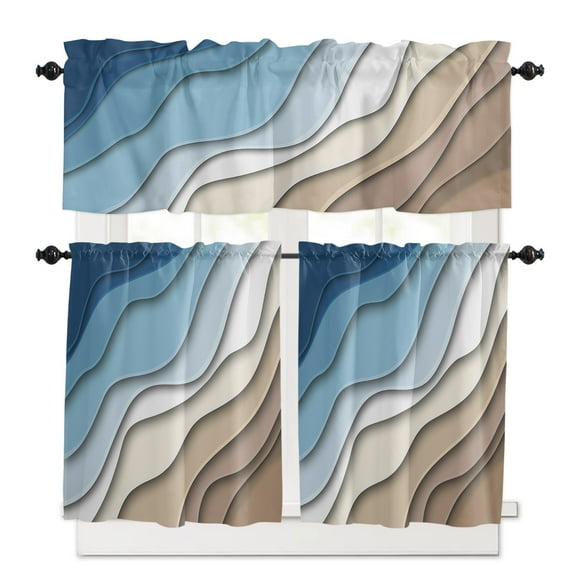 Abstract Geometric Kitchen Curtains Valance and Tier Set Blue Brown ...