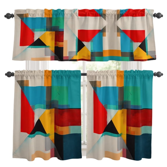 Abstract Geometric Kitchen Curtains Valance and Tier Set Red Blue ...