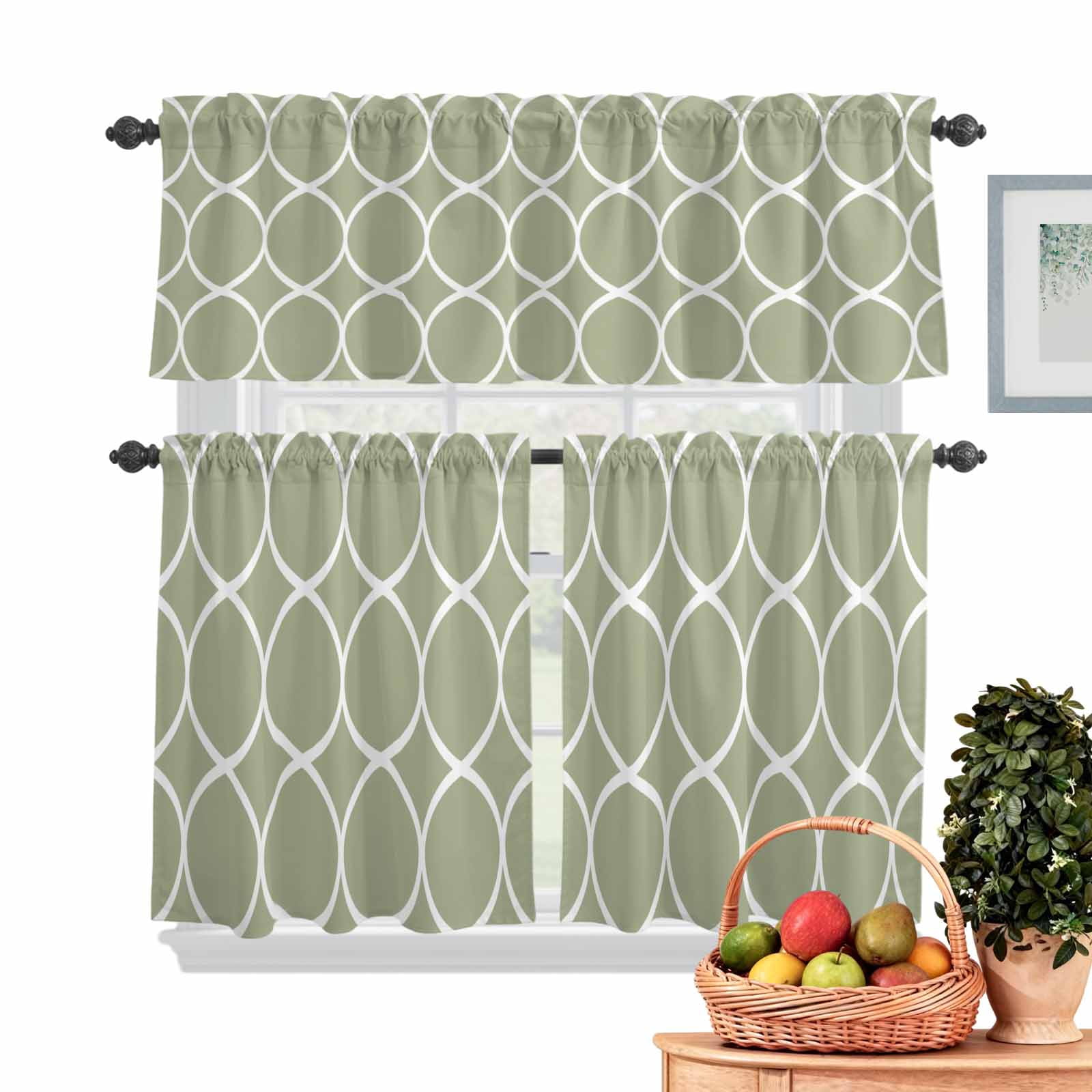 Abstract Geometric Kitchen Curtains Valances 3 Piece Set, White Twisted ...