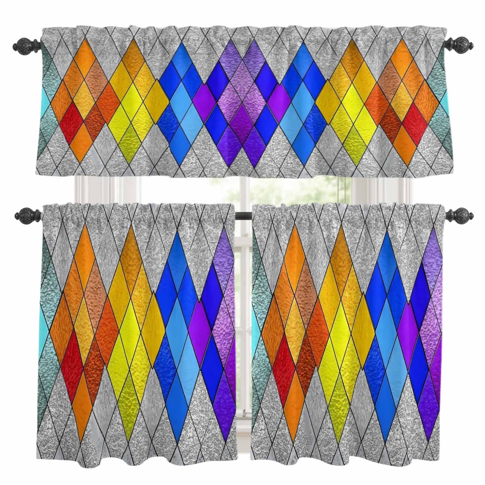 Abstract Geometric Kitchen Curtains Valances and Tiers Set of 3 Modern ...