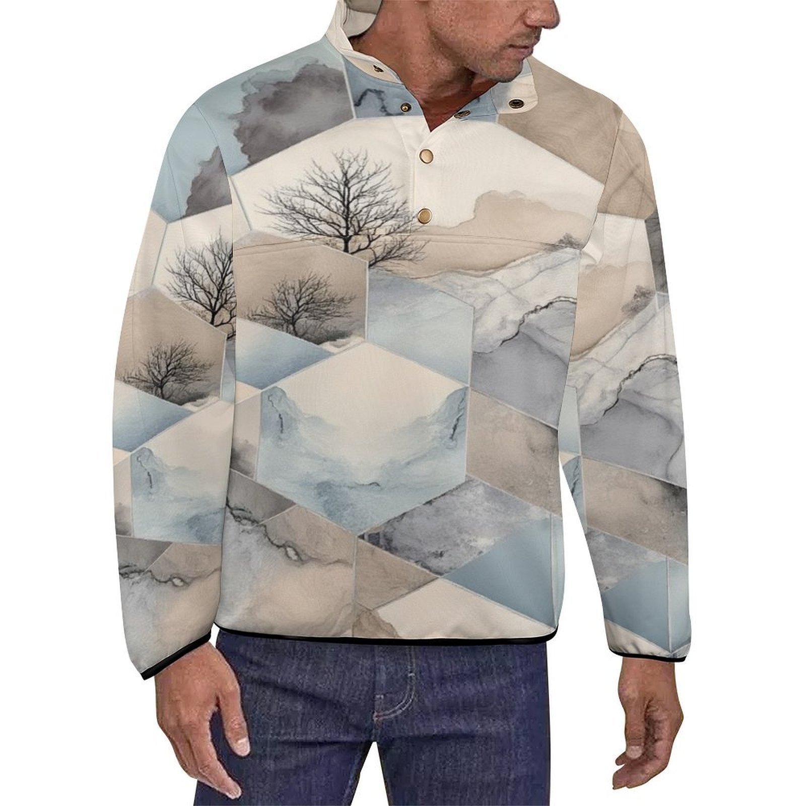 Abstract Geometric Landscape Art Men's Stand Collar Sweater Long Sleeve ...