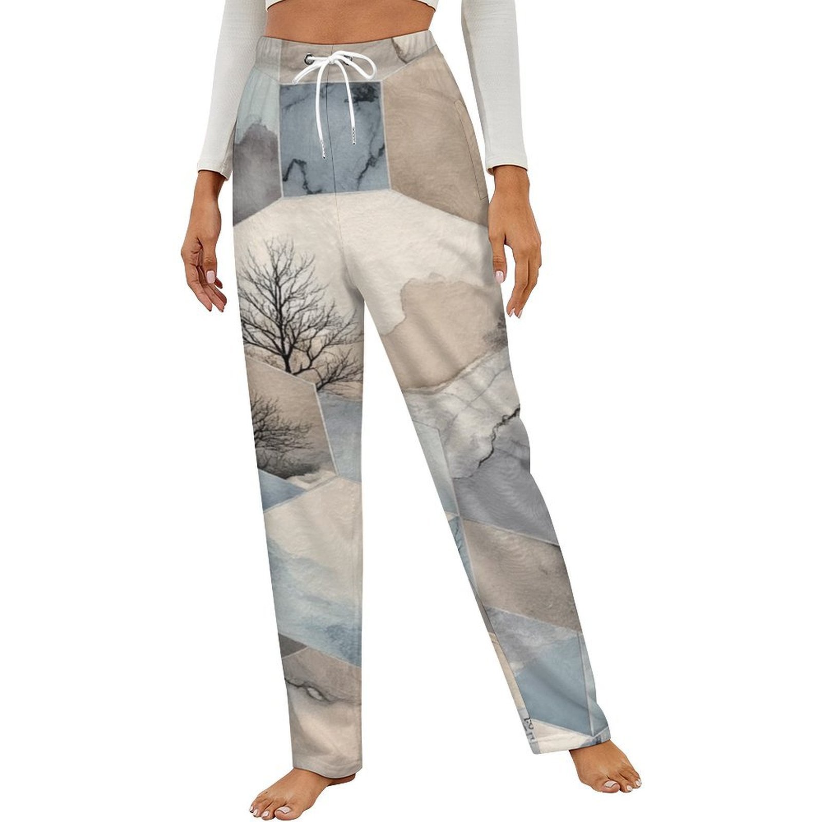 Abstract Geometric Landscape Art Winter Female Pants Flannel High Waist Women Pants Lady Warm ...