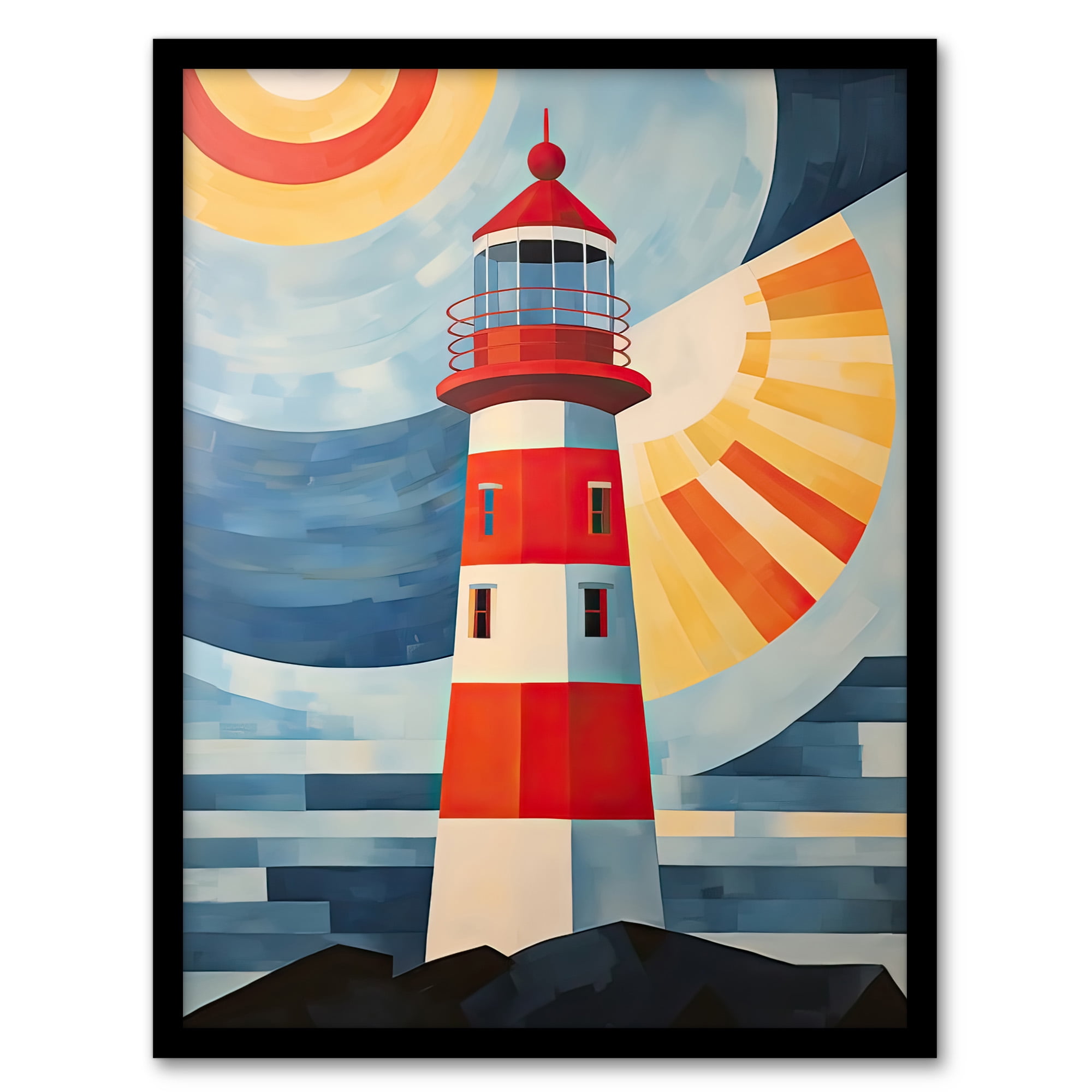 Abstract Geometric Lighthouse Oil Painting Red Orange Blue Colour ...