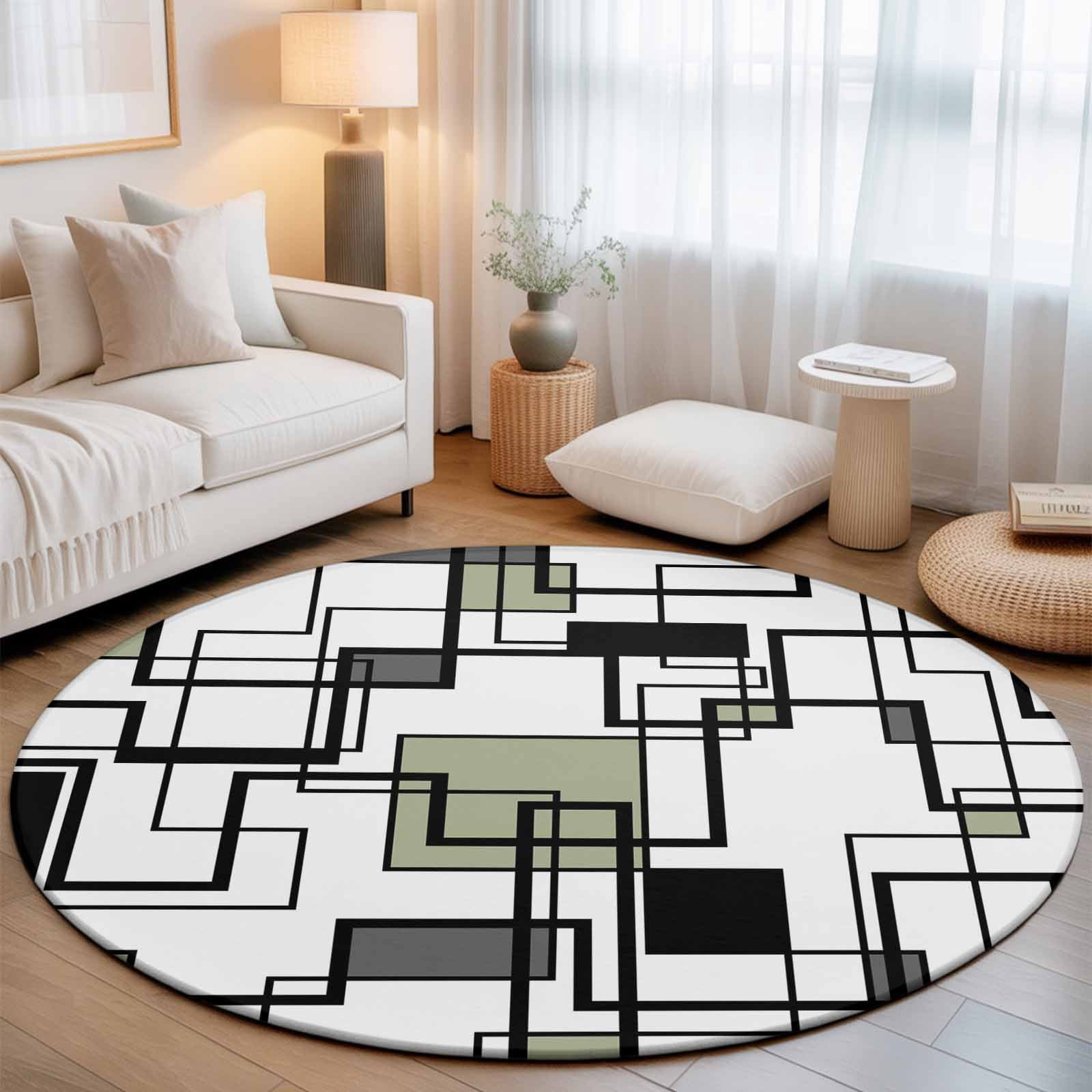 Abstract Geometric Lines Art Round Rug 5ft Green Black Color Block ...