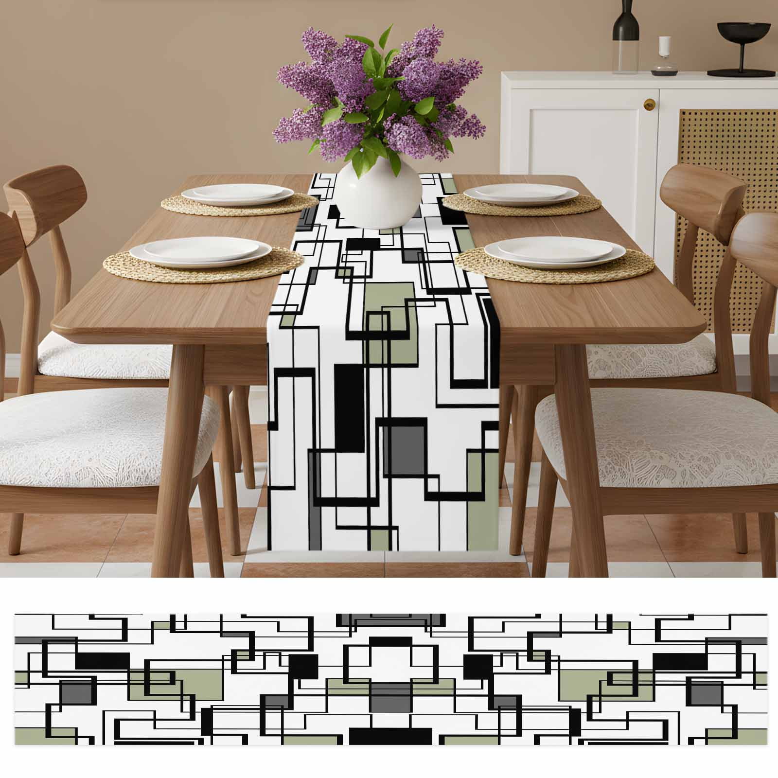 Abstract Geometric Lines Art Table Runner 13x60in Non-Slip Cotton Linen ...
