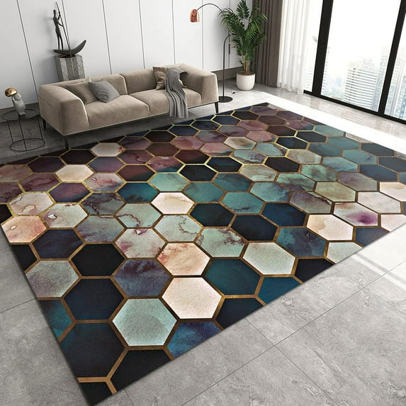 Abstract Geometric Marble Area Rugs, Gold Plated Lines Hexagon Pattern ...