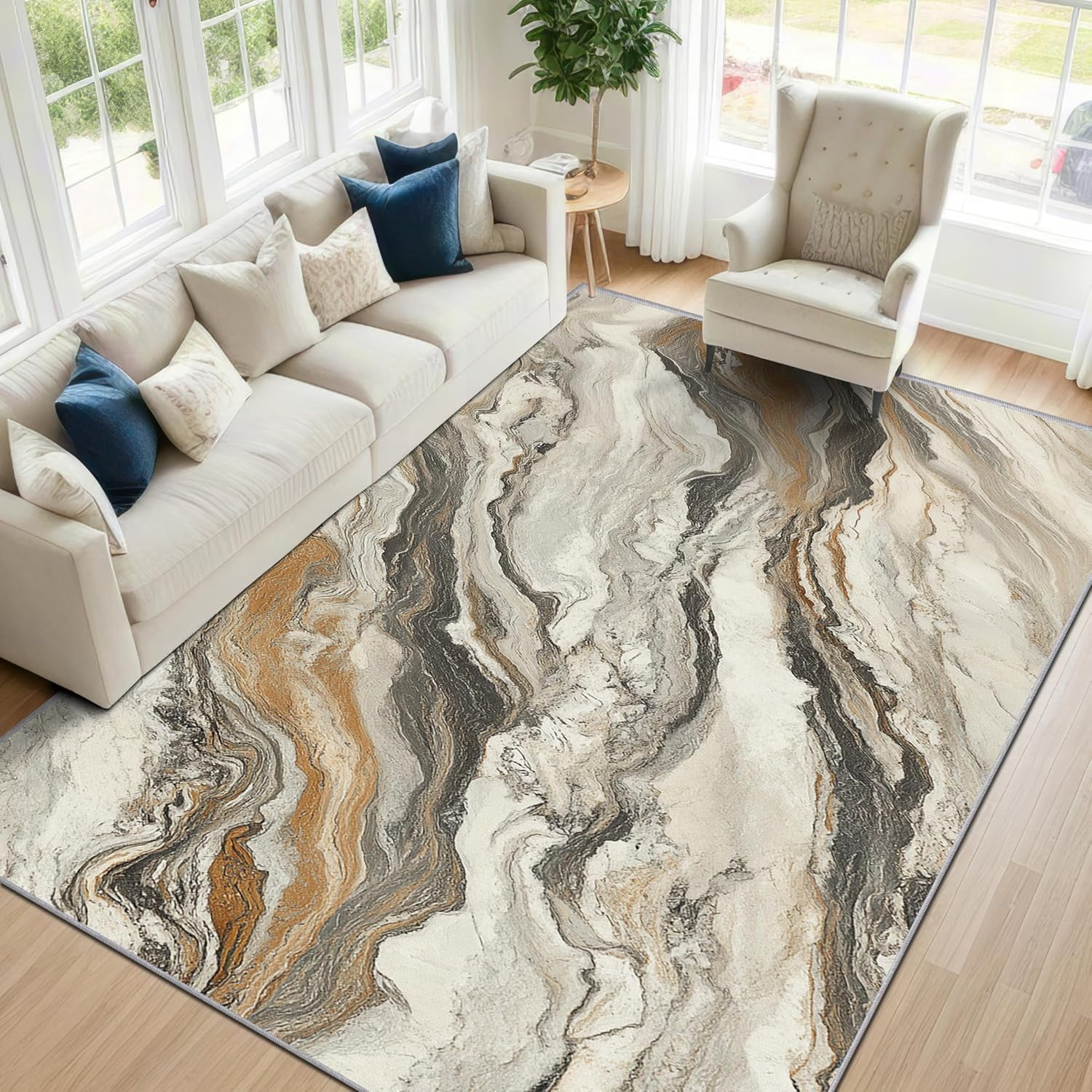 Abstract Geometric Marble Area Rugs, Neutral Tone Carpet, Washable Non ...