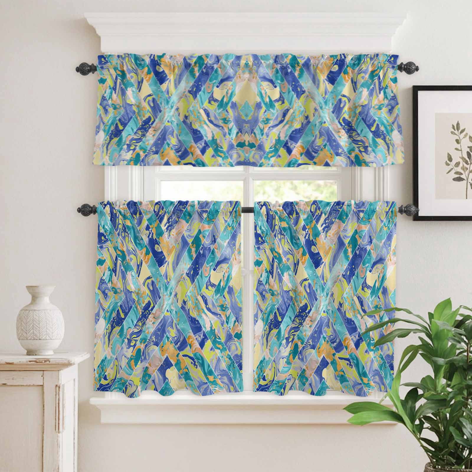 Abstract Geometric Marble Texture Curtain Tier and Valance Set 3 Piece ...