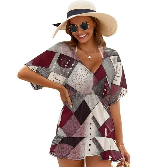 Abstract Geometric Maroon Pattern Beach Cover Ups Women V Neck Short ...
