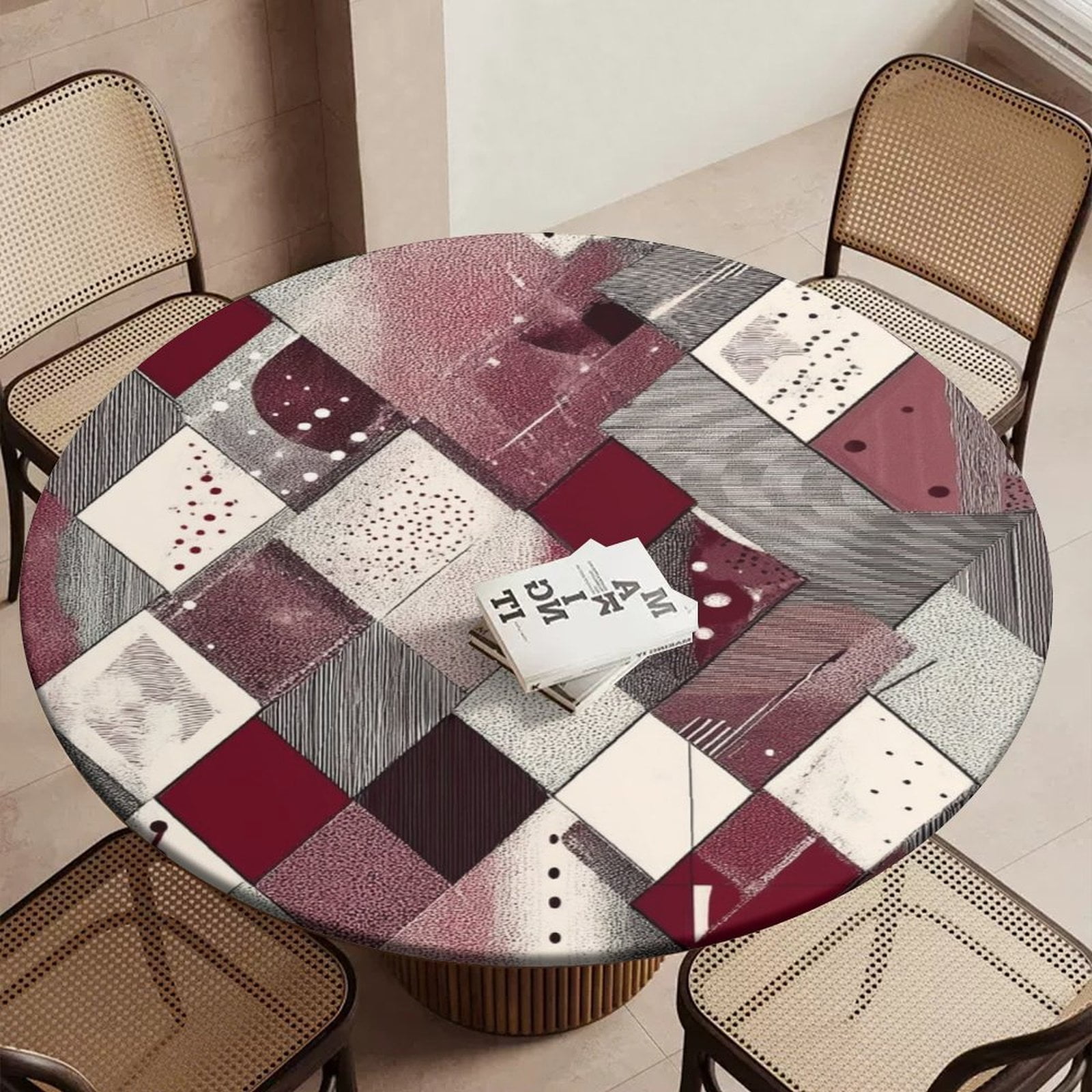 Abstract Geometric Maroon Pattern Round Table Cover Kitchen Printed ...