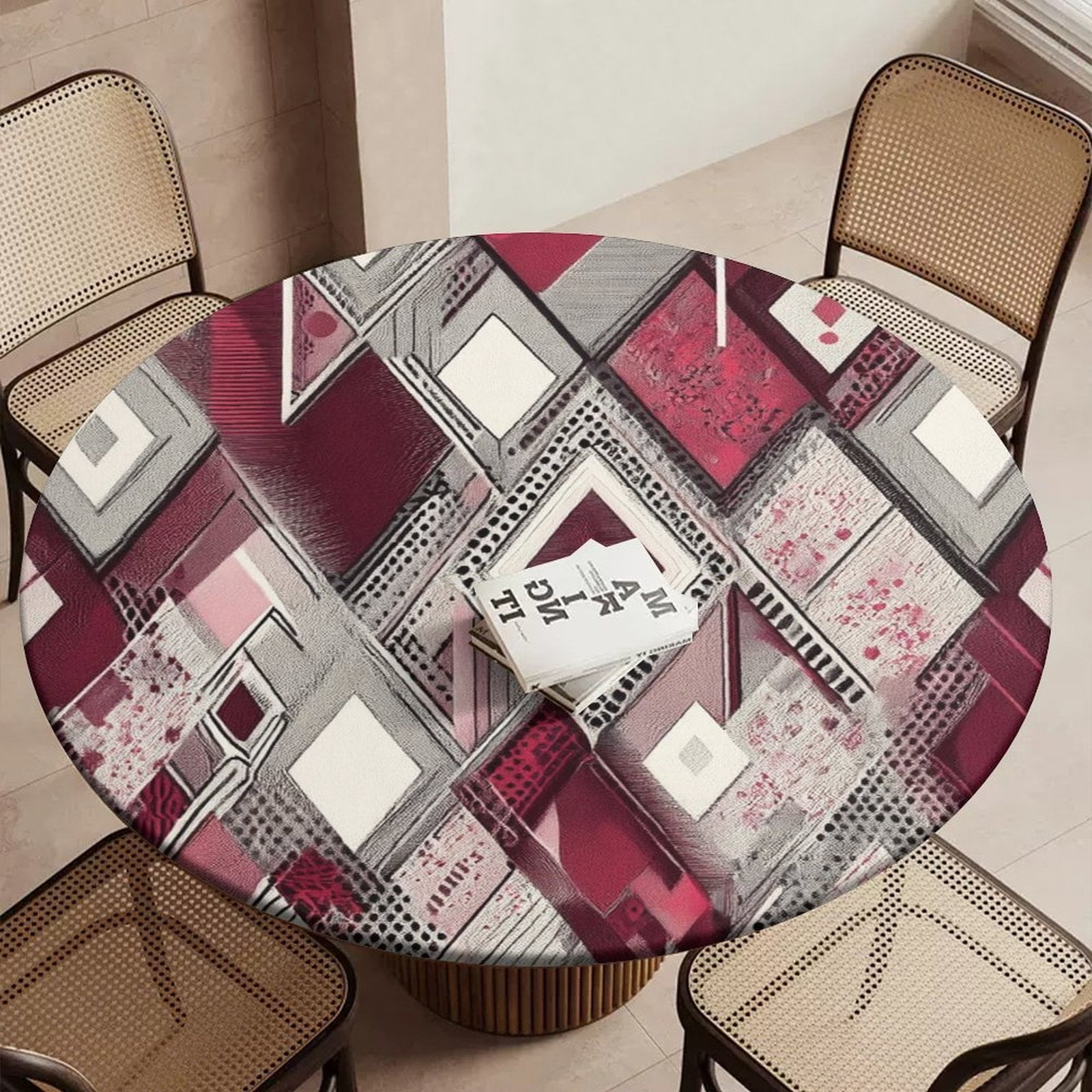 Abstract Geometric Maroon Pattern Round Table Cover Kitchen Printed ...