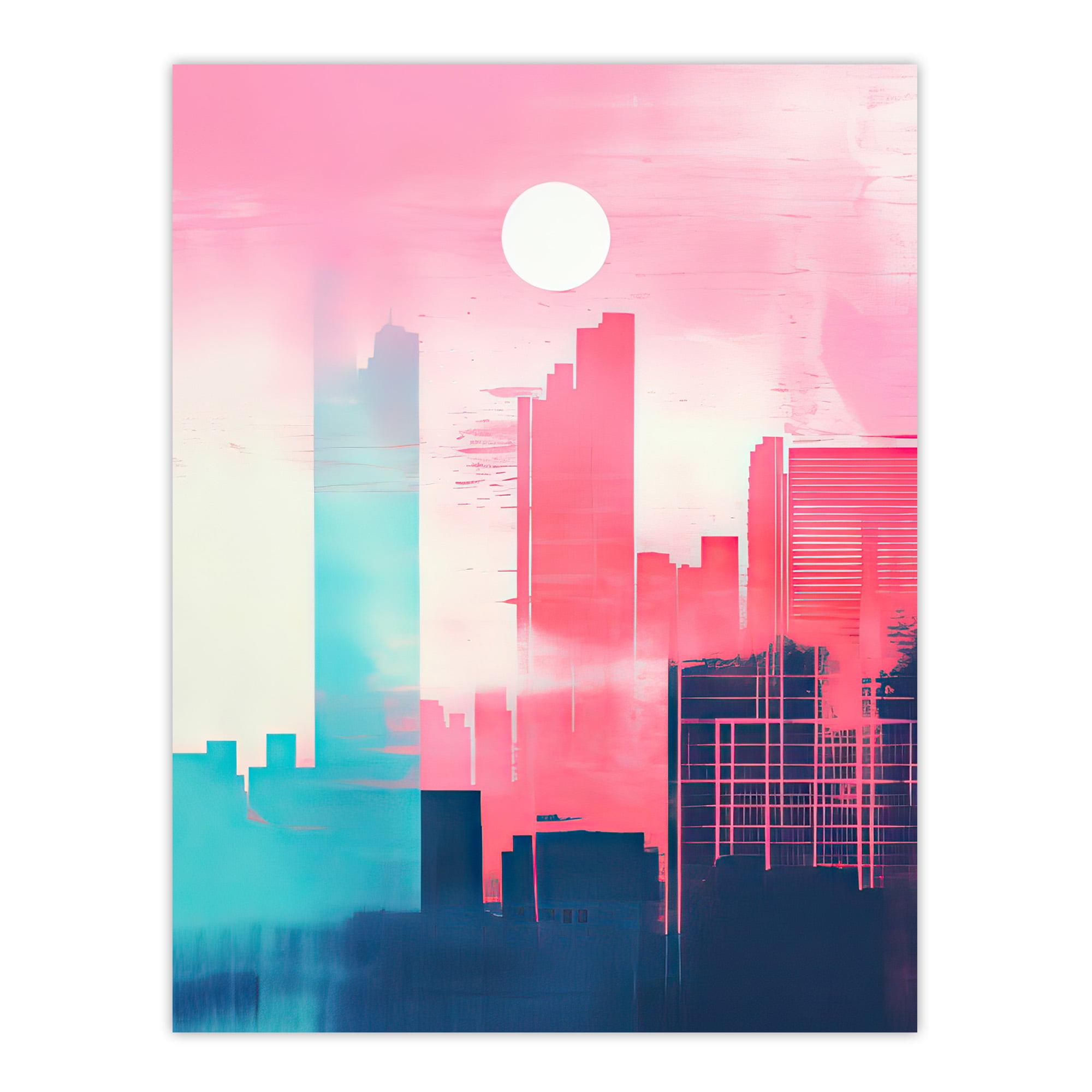 Abstract Geometric Metropolis Cityscape Coral Pink Turquoise Blue ...