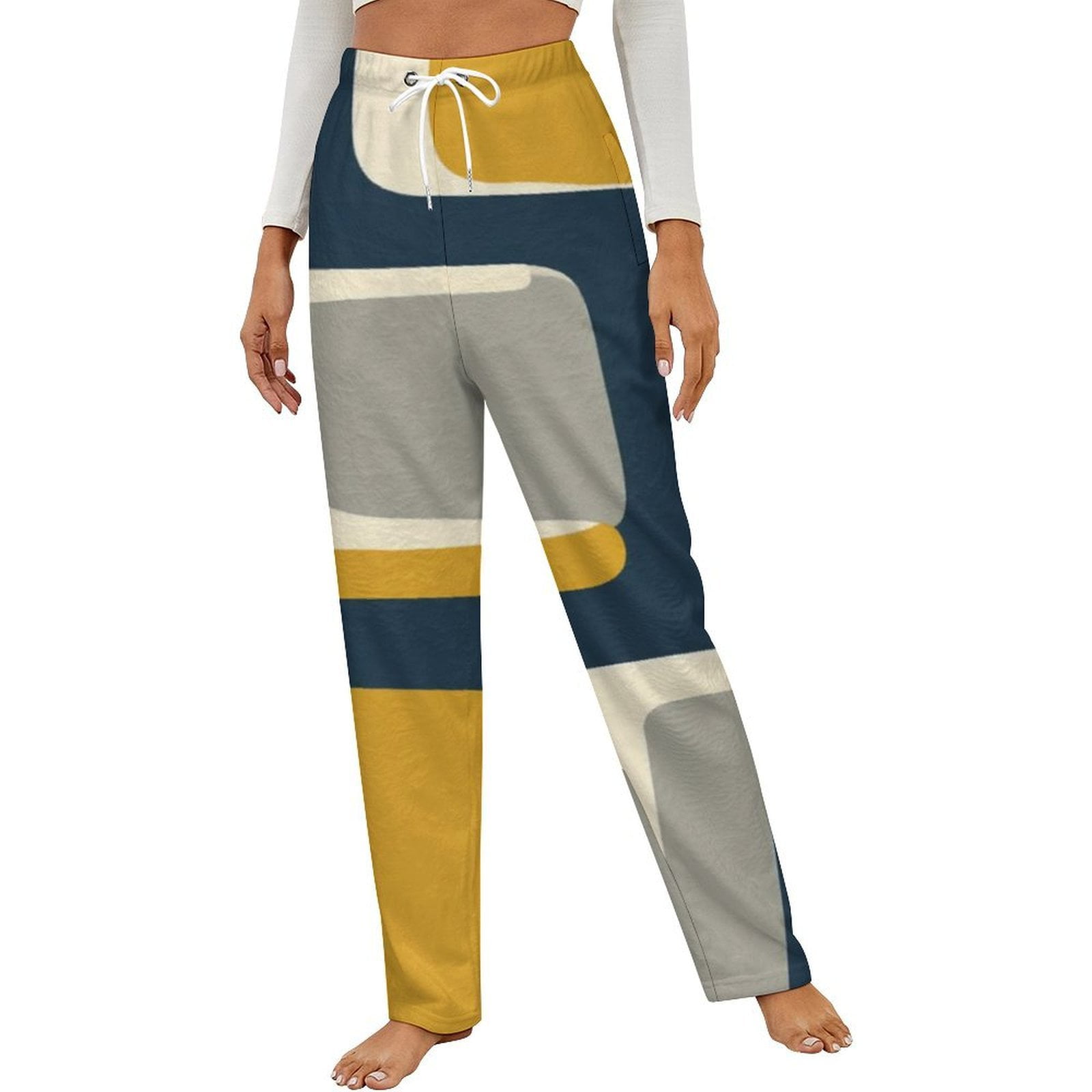 Abstract Geometric Mustard Gray Design Winter Female Pants Flannel High ...