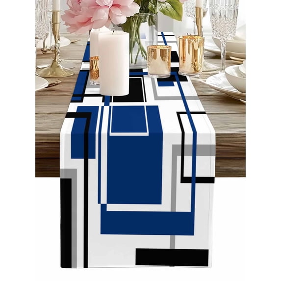 Abstract Geometric Navy Blue Color Block Table Runner-60 Inch Long Gray ...
