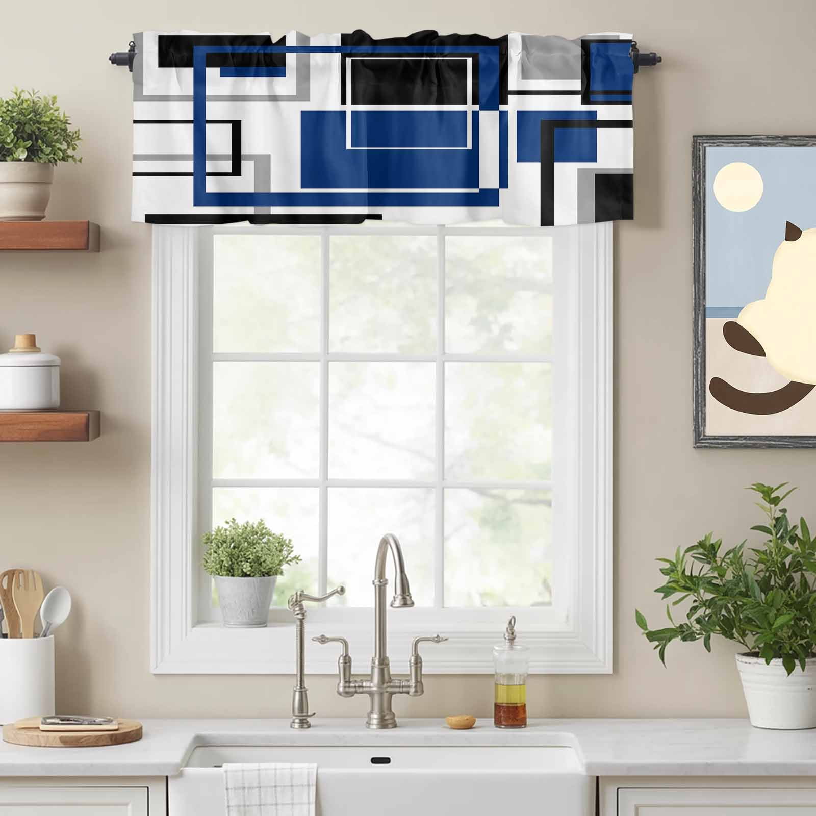 Abstract Geometric Navy Blue Color Block Valances for Windows,Rod ...
