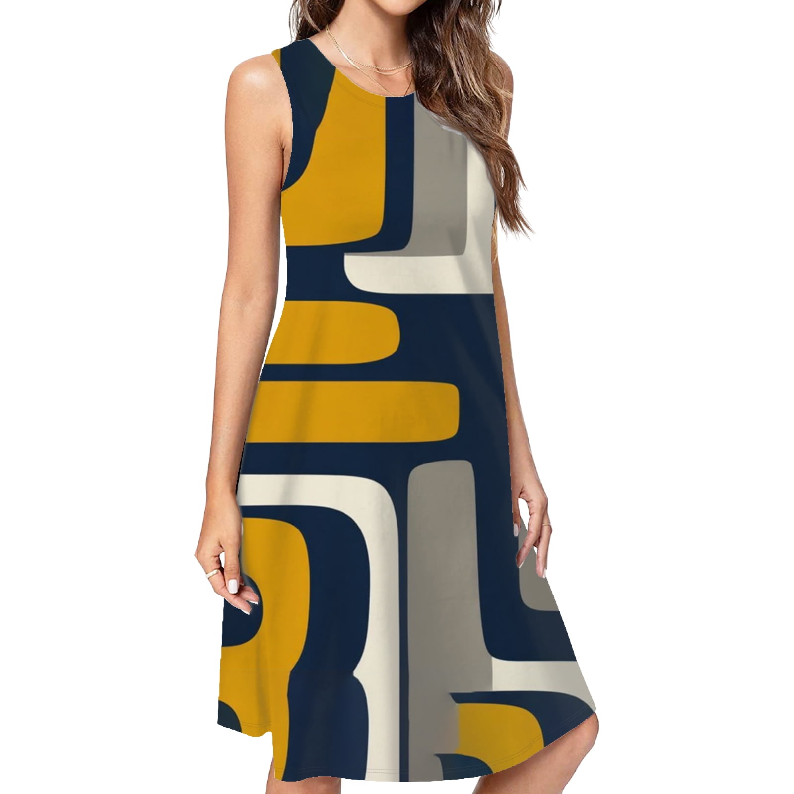 Abstract Geometric Navy Gold Art Casual Sleeveless Loose Sundress Dress ...