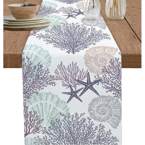 Abstract Geometric Ocean Coral Shell Star Linen Table Runners Washable ...