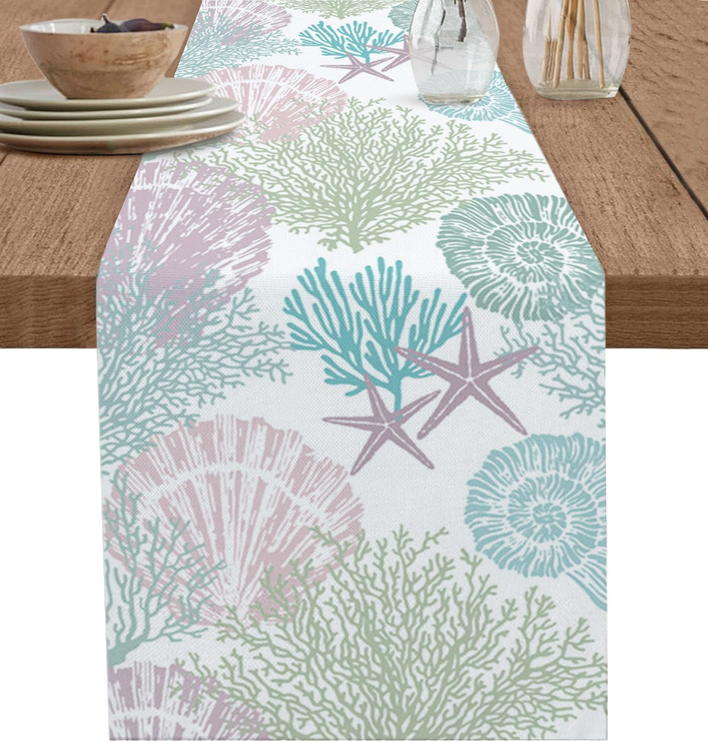 Abstract Geometric Ocean Coral Shell Star Linen Table Runners Washable ...